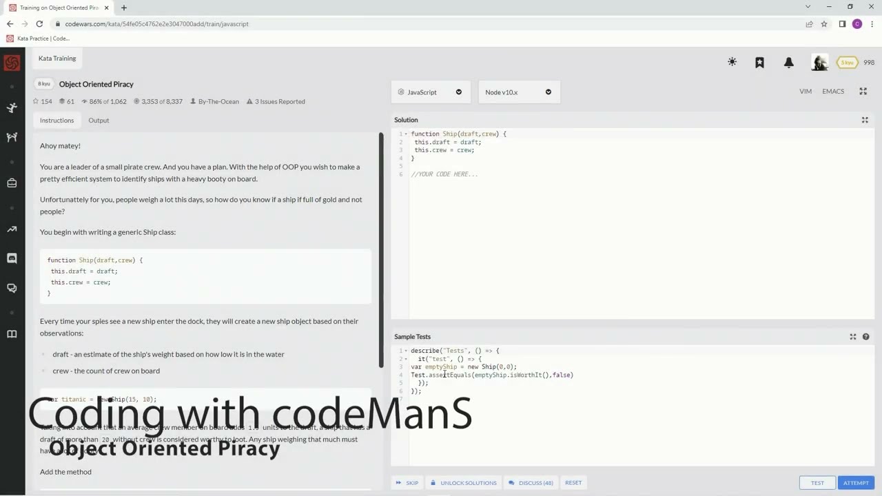 (Archived) Codewars 8 kyu Object Oriented Piracy JavaScript