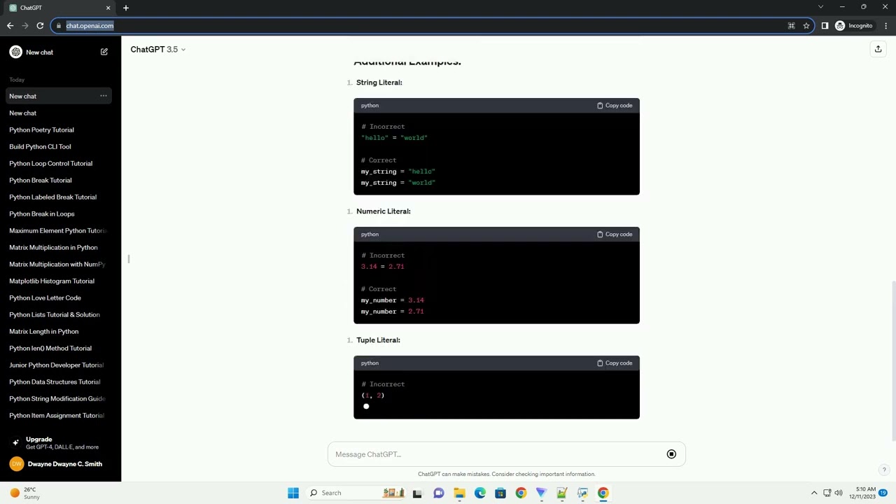 python cannot assign to literal