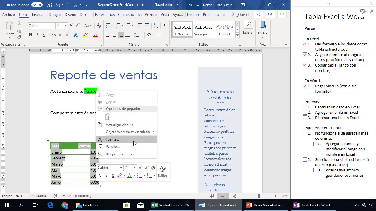 Reportes en word con tablas de Excel actualizadas automáticamente