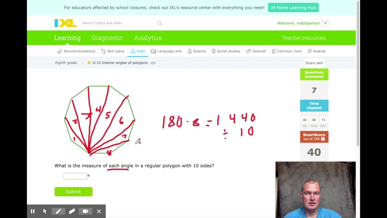 Mr. Painter IXL 8th grade O.12 Interior angles of polygons