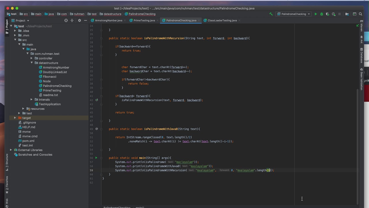 String Palindrome check with recursion in java