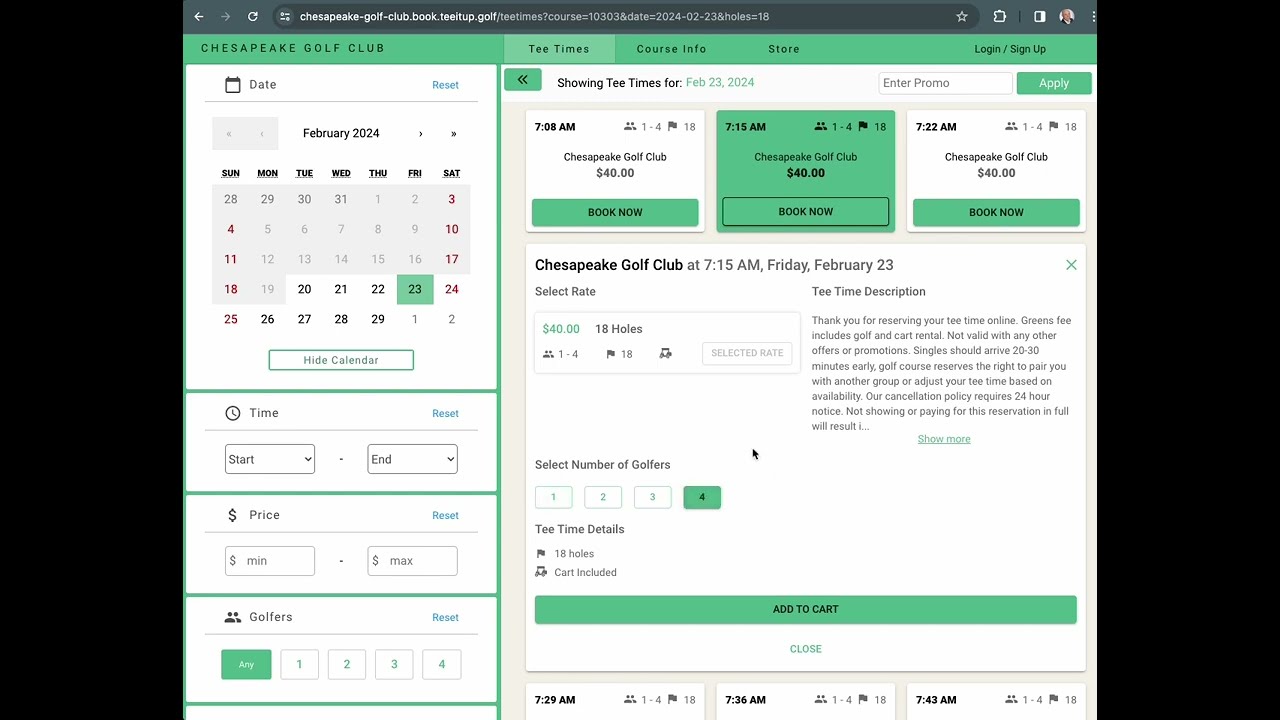 Tee It Up (golfnow) desktop booking engine
