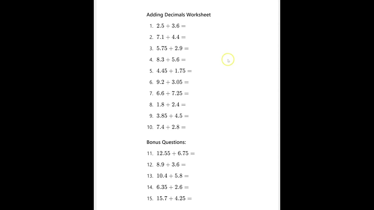 Adding Decimals Worksheet with Answer Key