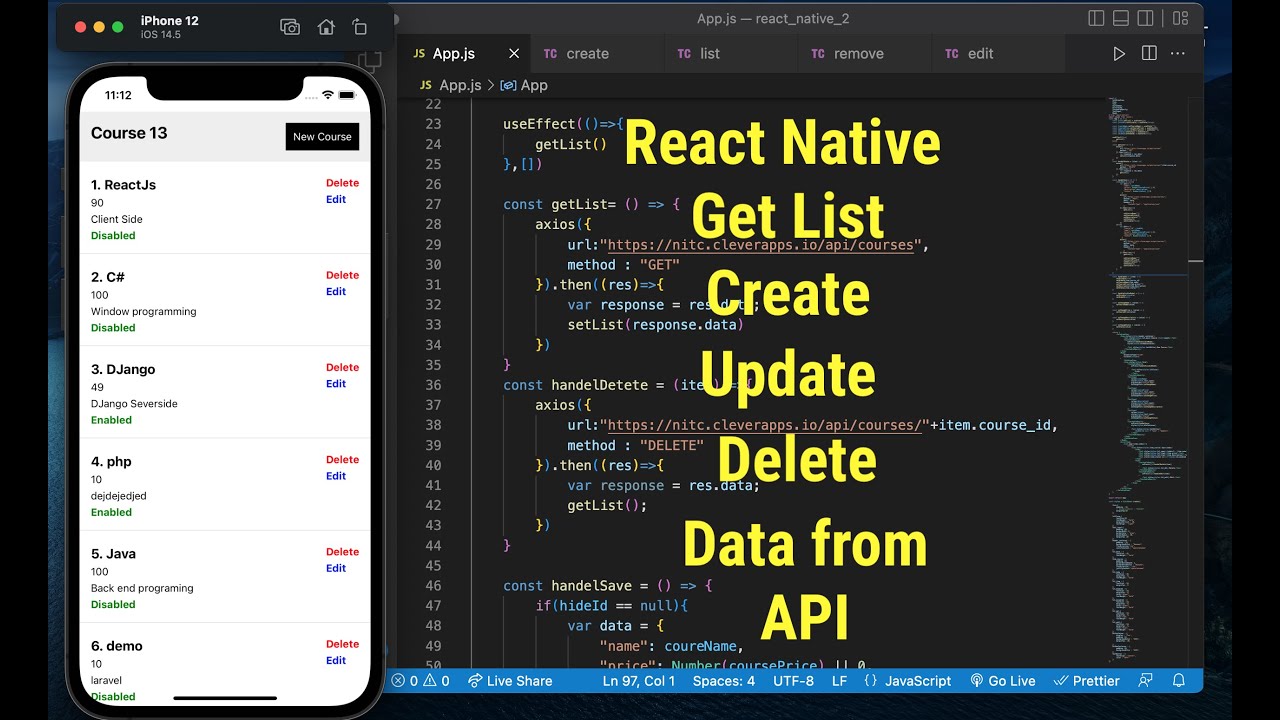 react native CRUD using API. List, update, create, edit and remove
