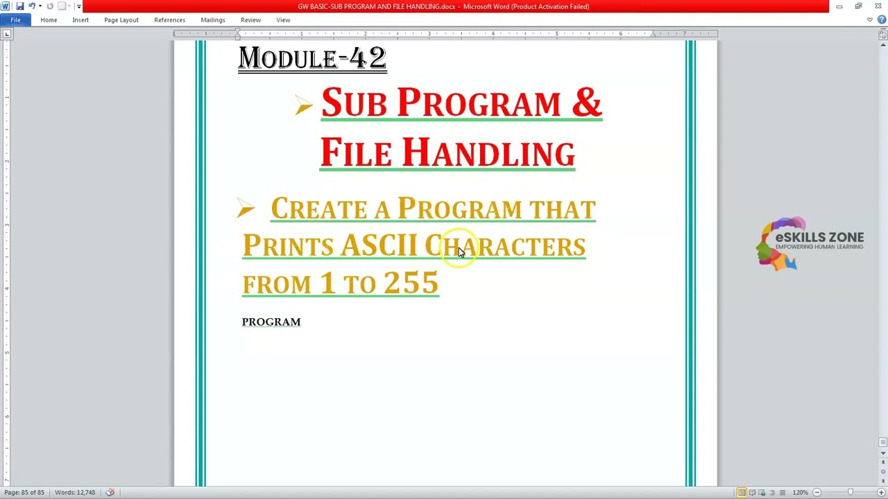 GW BASIC Lecture 42   PROGRAM TO DISPLAY ASCII CODES FROM 1 TO 255