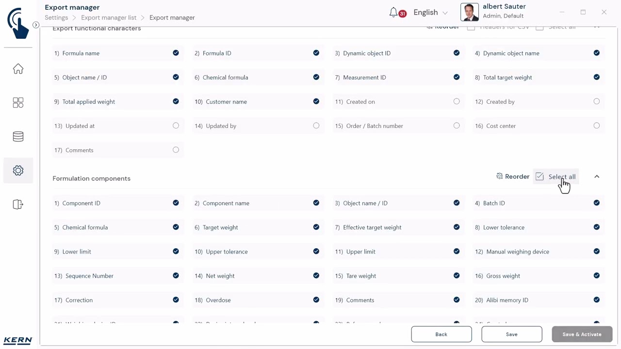 ET Export Manager settings | KERN & Sohn