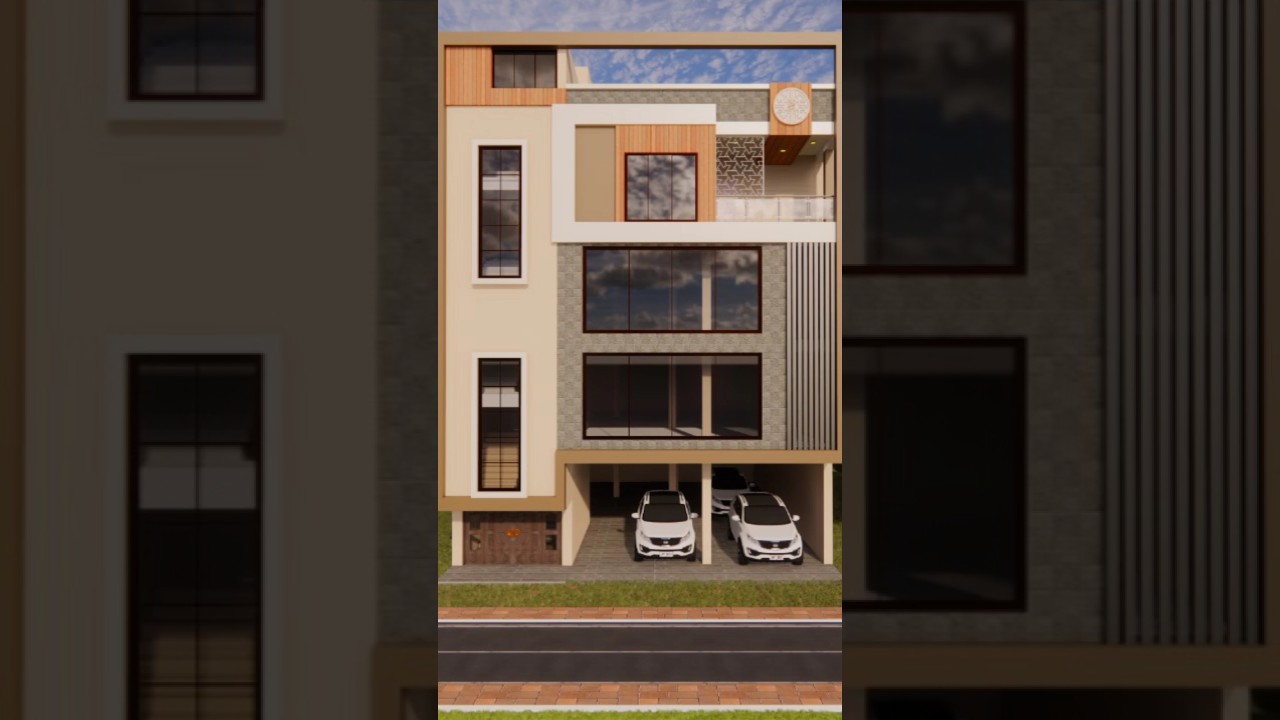 G+2 Building Front Elevation Exterior 3D Design 🥳👍 #3dexteriordesign #frontelevation #modernexterior