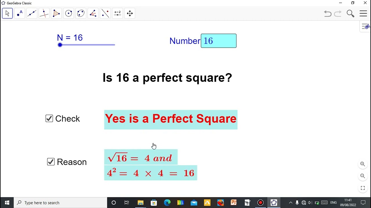 How to check if a number is a perfect square using geogebra