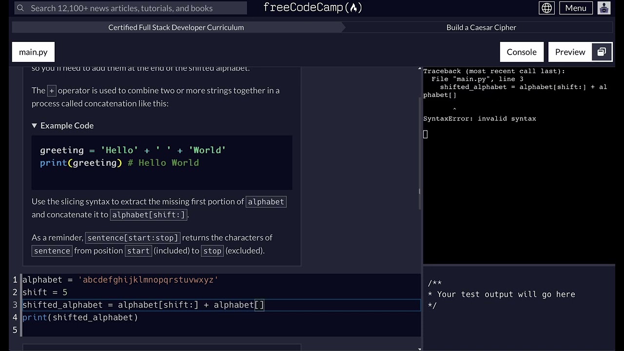 FreeCodeCamp - Python Project - Step 4 of 25 - Caesar Cipher