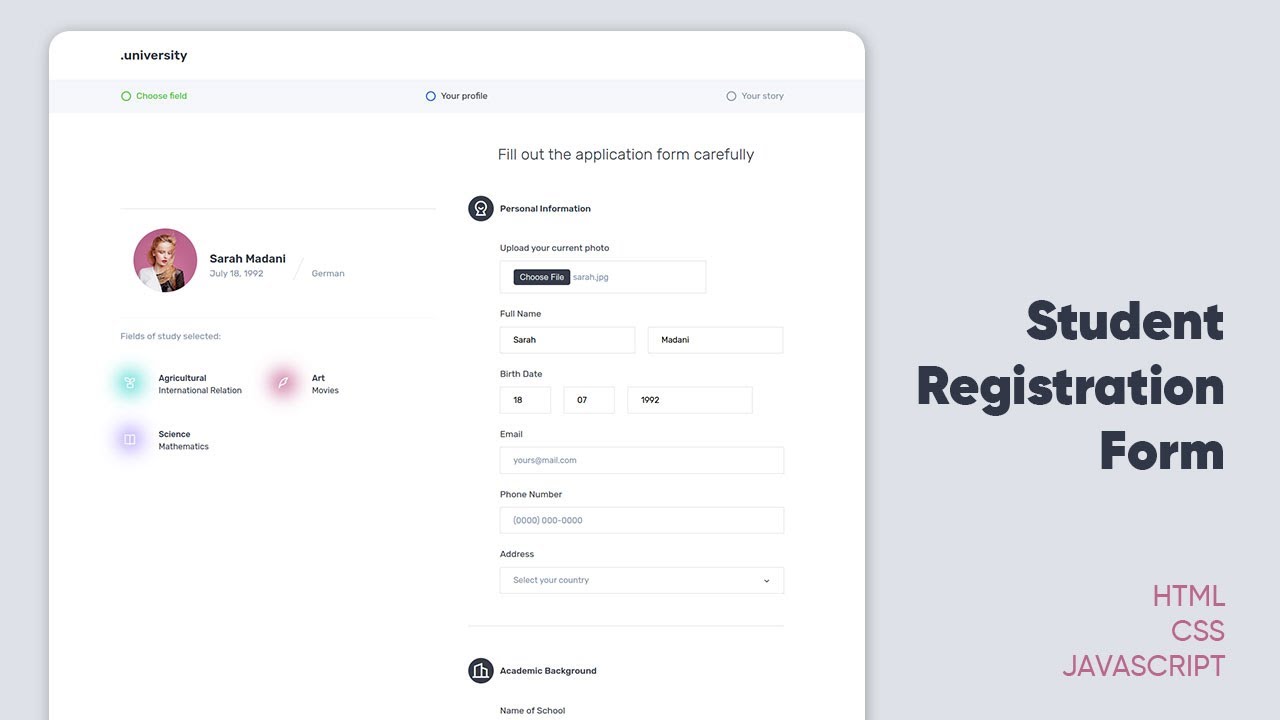 Student Registration Form in HTML CSS Javascript