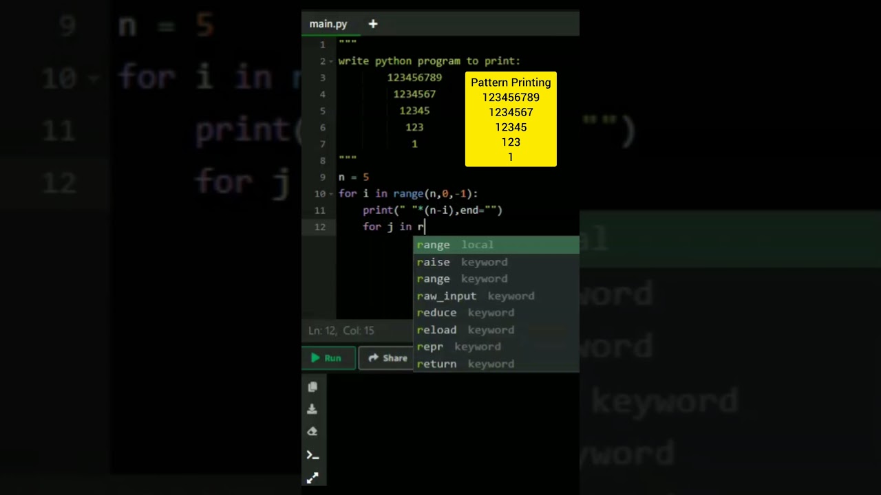 pattern Printing in python | Inverted Pyramid Number Pattern#viralshort #python #viral