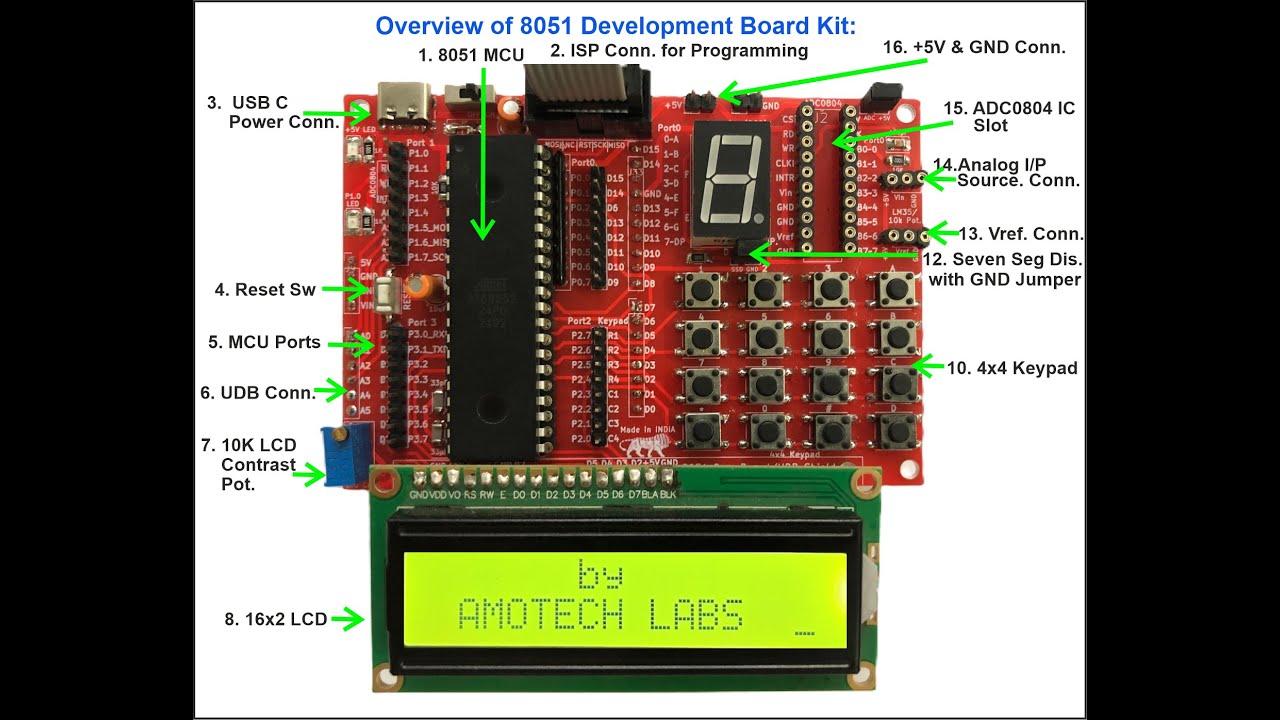 '8051 Development Board'  with 4x4 Keypad, 1 Seven Segment Display and ADC0804