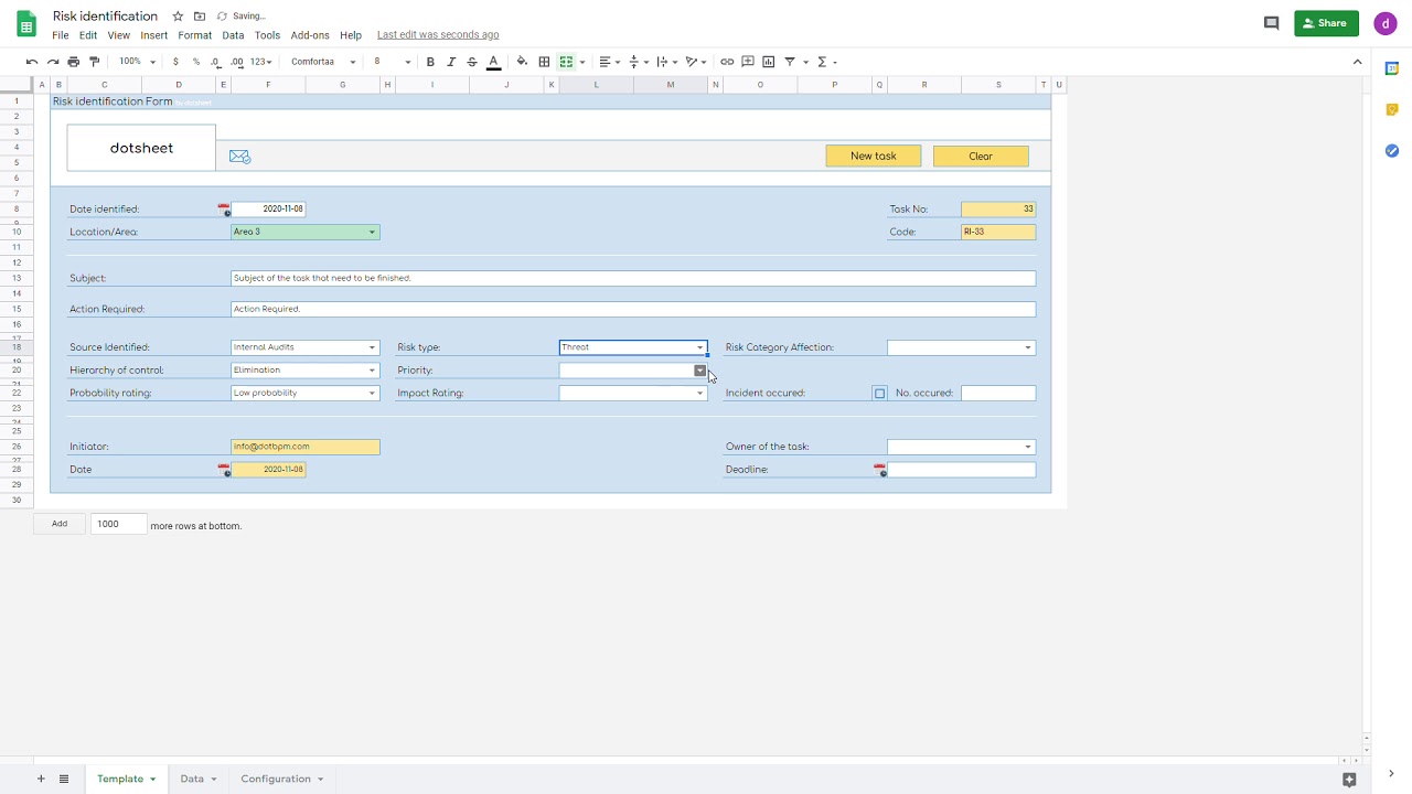 Google sheets template - Risk identification Form