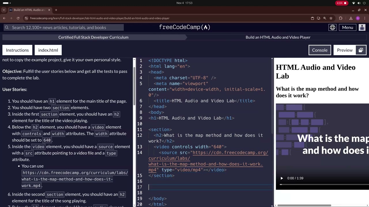 freecodecamp : Build an HTML Audio and Video Player