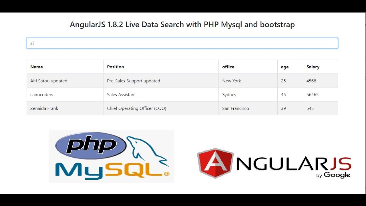 AngularJS 1.8.2 Live Data Search with PHP Mysql and bootstrap