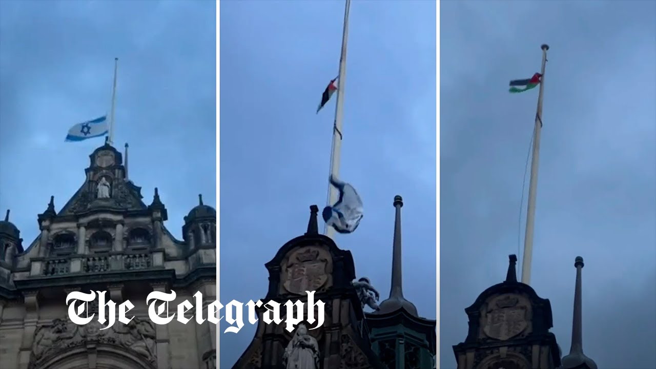 Israeli flag pulled down after protester scales Sheffield town hall