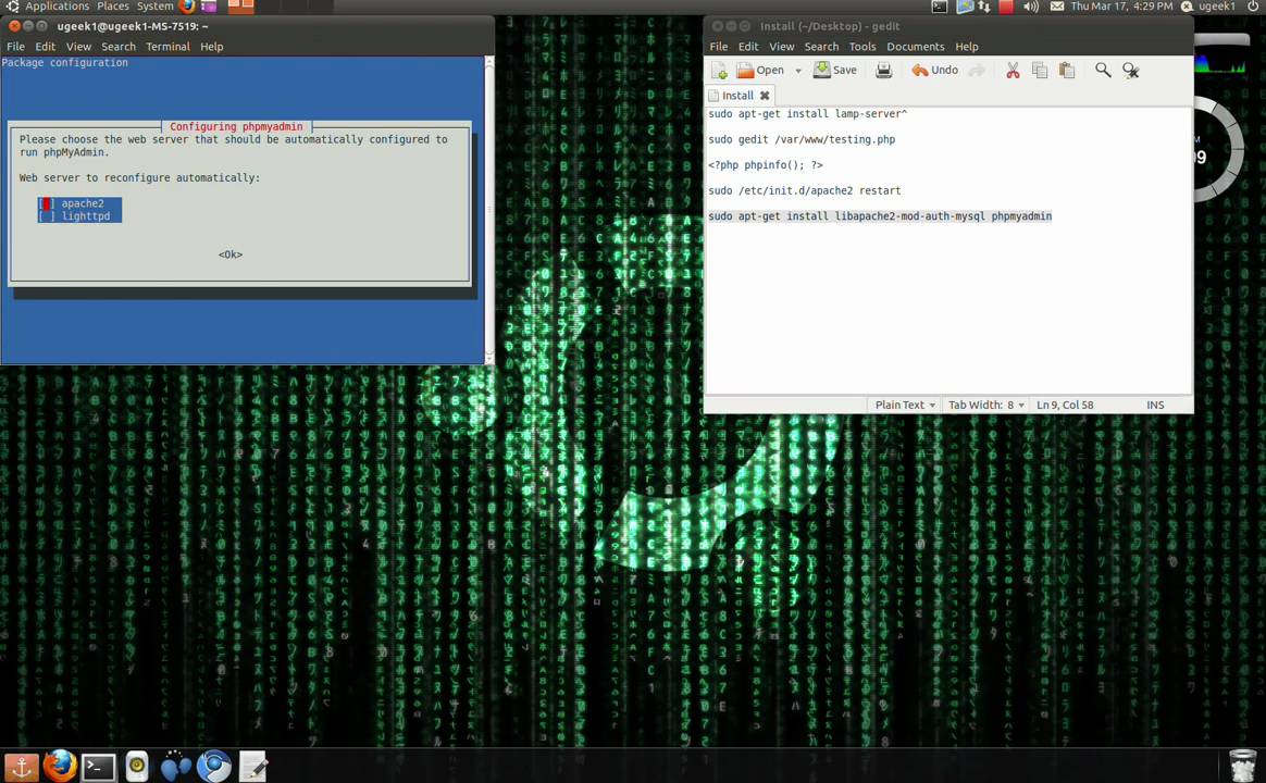 Install a LAMP server apache,mysql,php5 and phpmyadmin