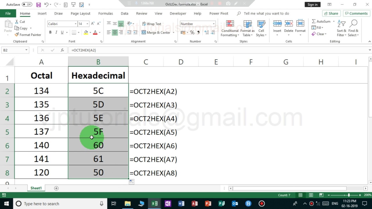 Oct2Hex function example in excel