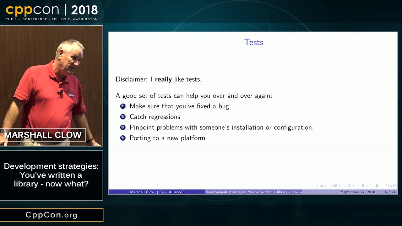 CppCon 2018: Marshall Clow “Development strategies: You've written a library - now what?”