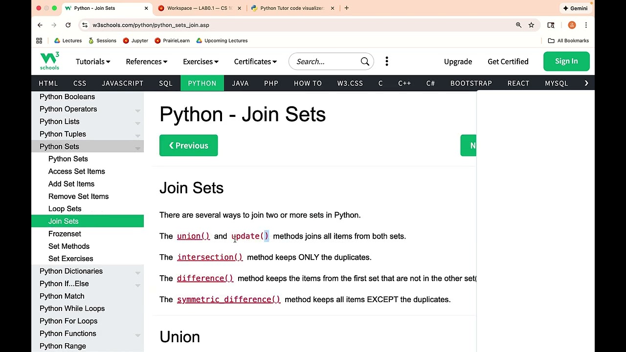 Python Set methods add, update, and union (CS105 at UIUC)