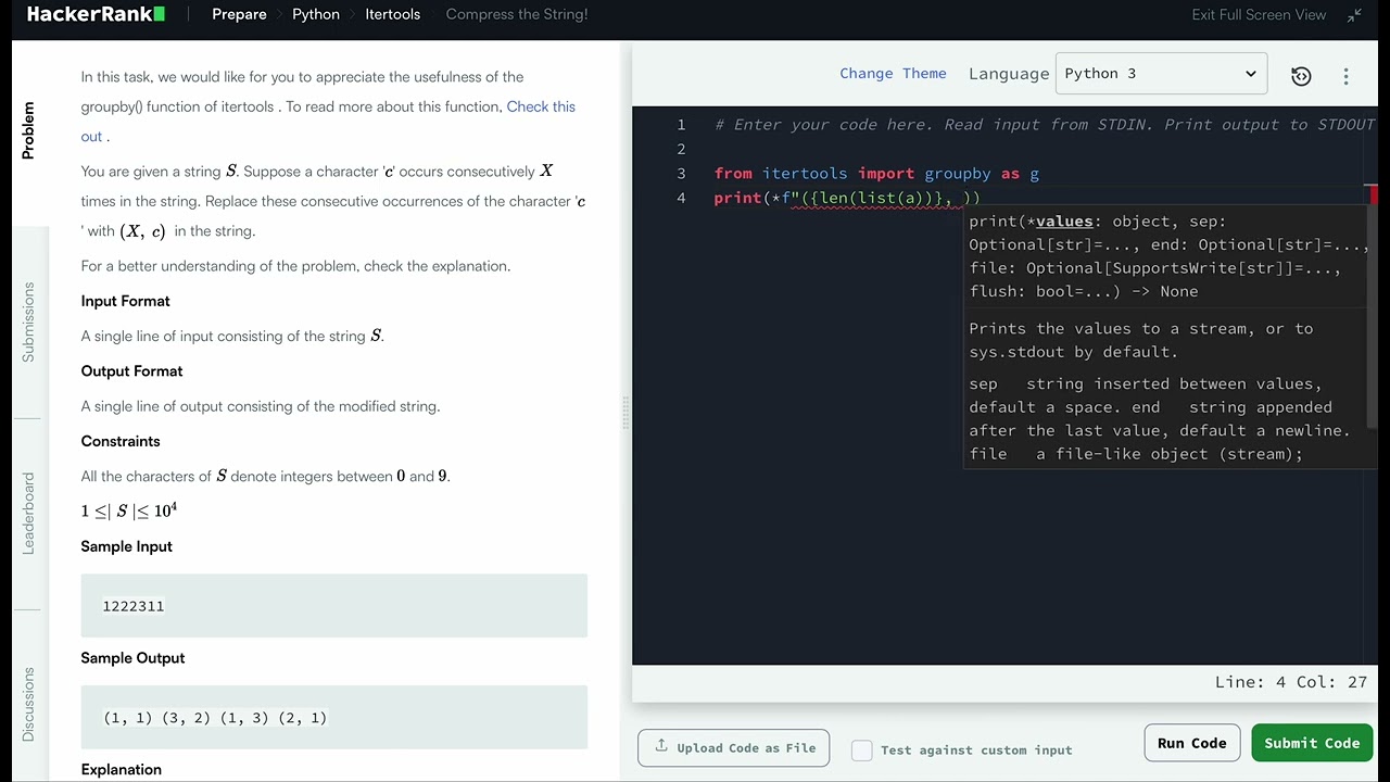 Hackerrank Python Solution #3 Itertools - Python: Compress the String!