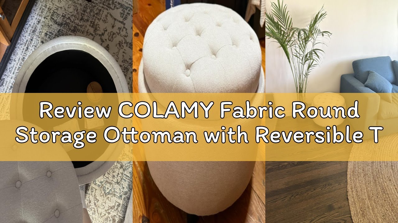 Review COLAMY Fabric Round Storage Ottoman with Reversible Tray Lid – Multi-Functional Footrest, Hid