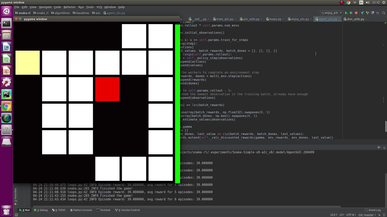 Advantage Actor-Critic solves 6x6 Snake (Reinforcement Learning)