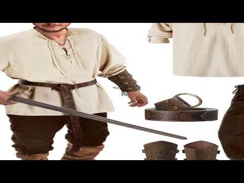 Jiuguva 4 Pcs Halloween Men's Renaissance Costume Set Medieval Pirate Shirt Ankle Banded Pants Vikin