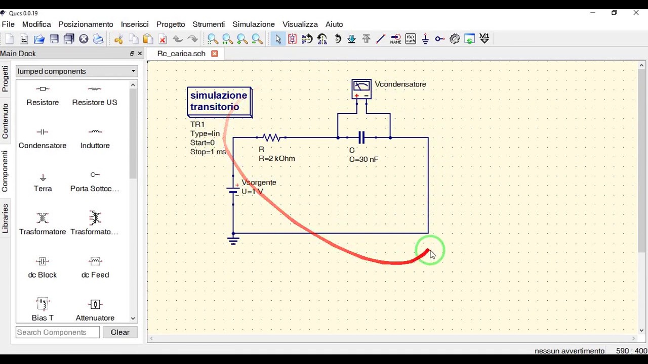 RC discharging circuit simulation with Qucs [ITA]