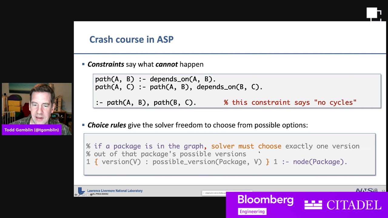 Beyond version solving: implementing general package solvers w Answer Set Programming Todd Gamblin
