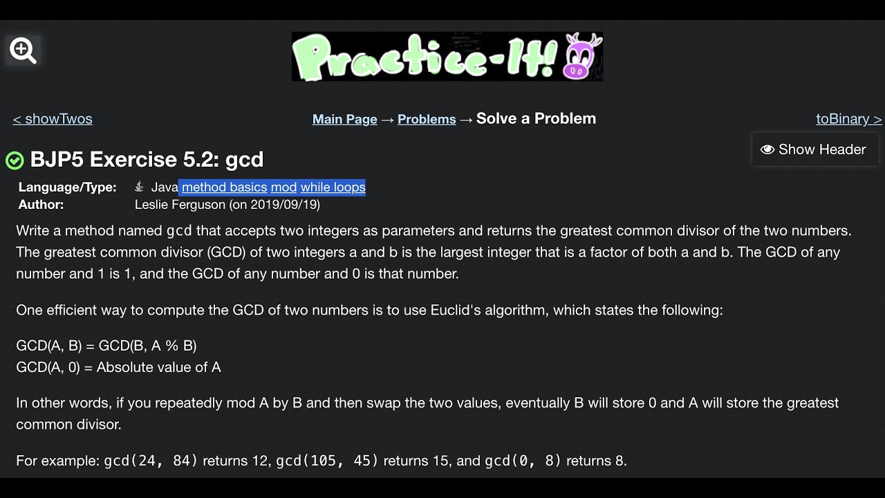 Java Practice It | Exercise 5.2: gcd | method basics, mod, while loops