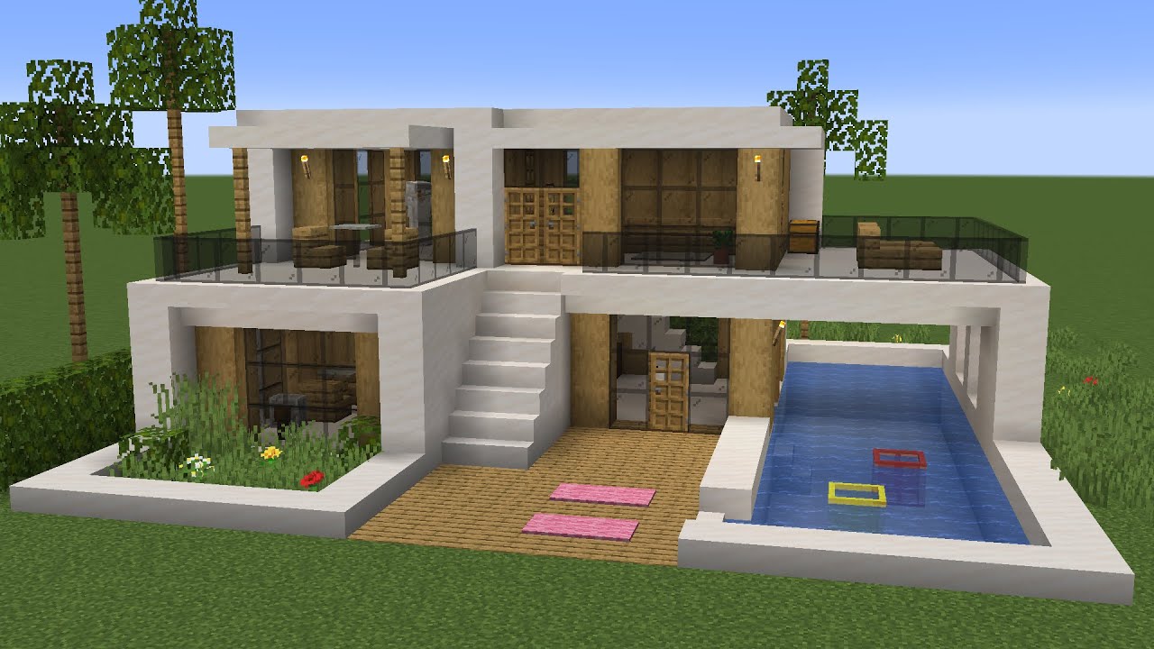 Minecraft - How to build a Modern House with a Pool 9 - Minecraft Builders