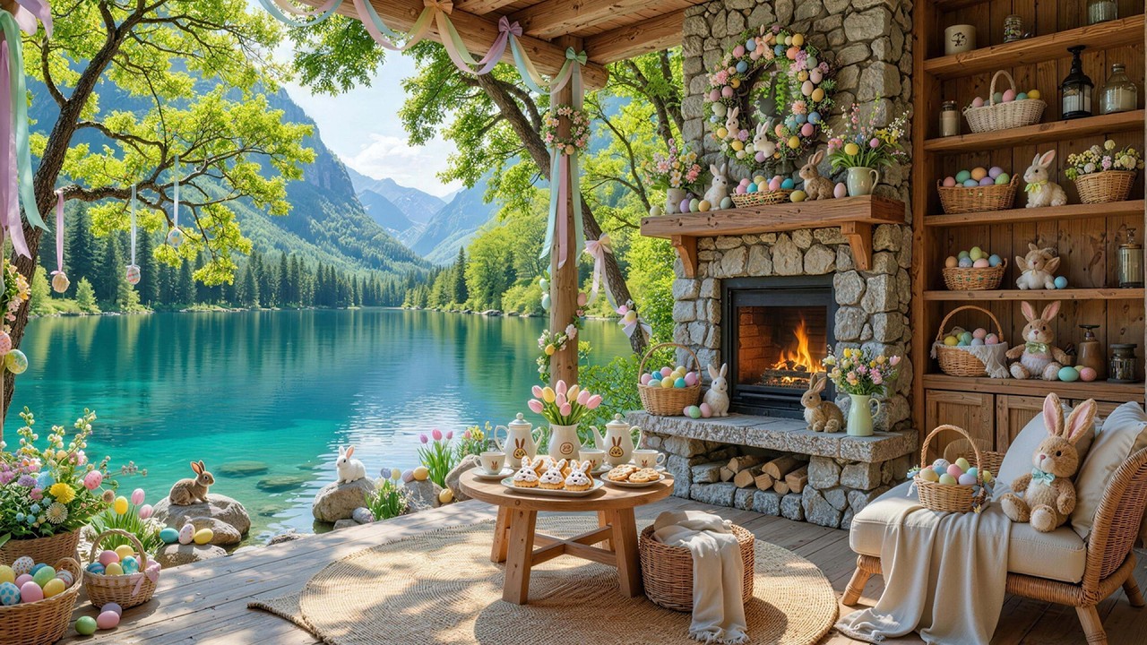 Cozy Spring Porch Ambience 🌸 Calm Piano Music and Fireplace For Happy Easter Day