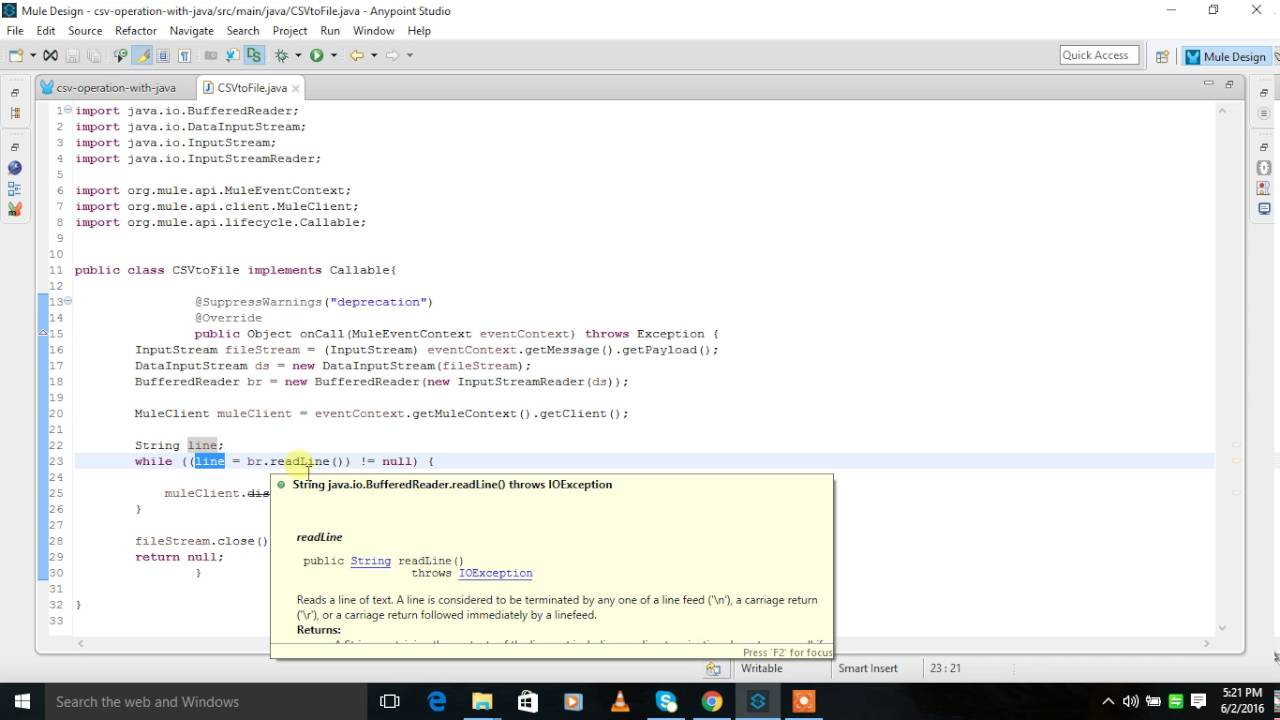 CSV operation using Java component in Mule