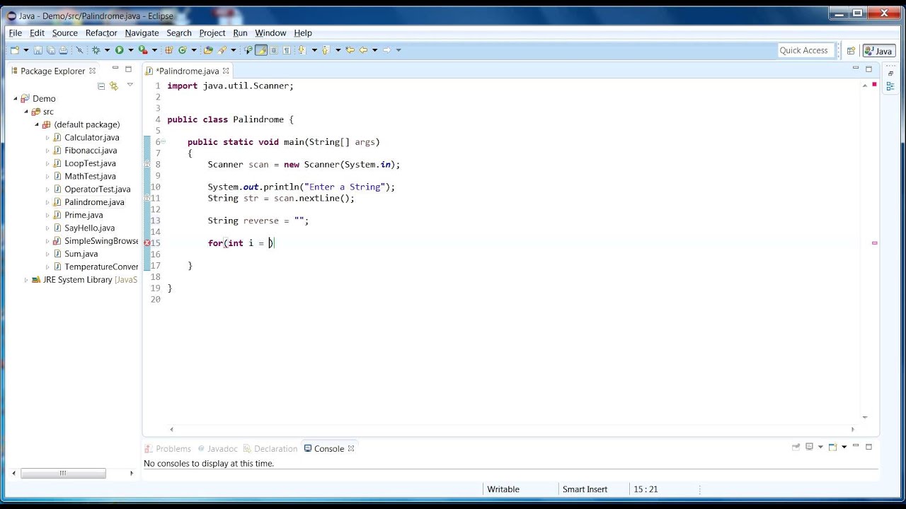 Java Program to test for Palindrome String (Using Loops)