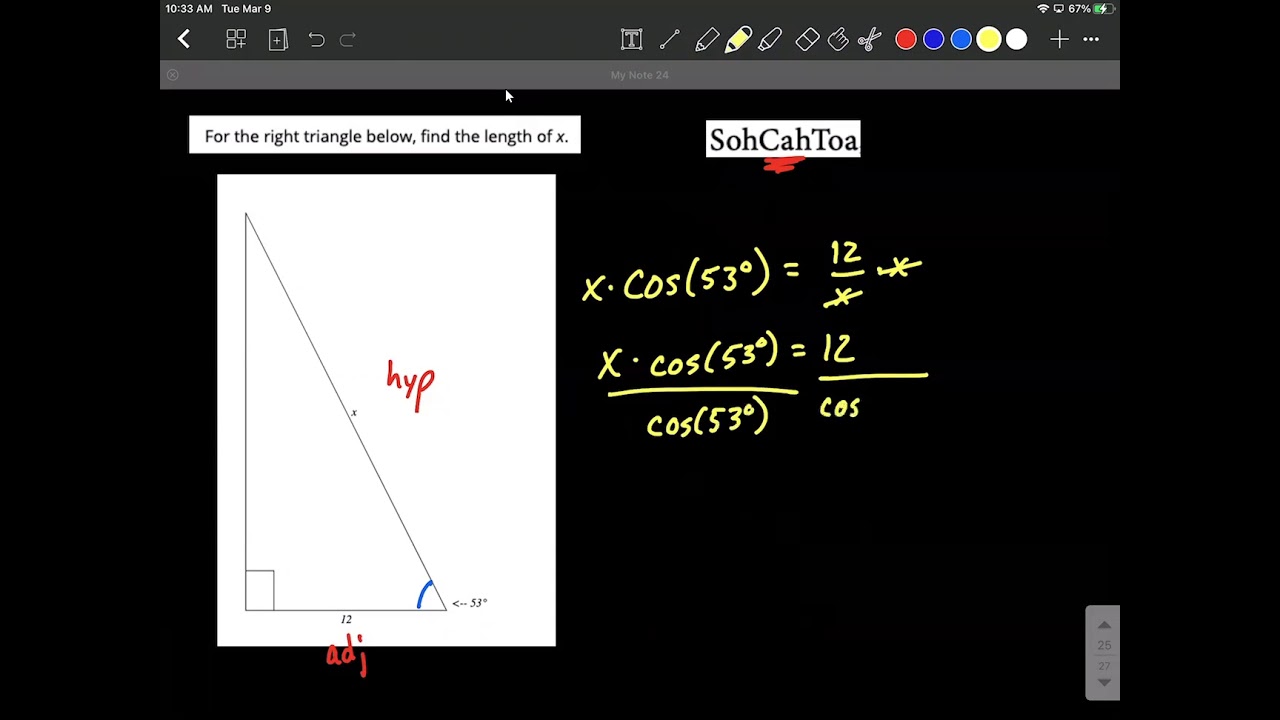 Find hypotenuse using cosine function given one side length and angle in right triangle
