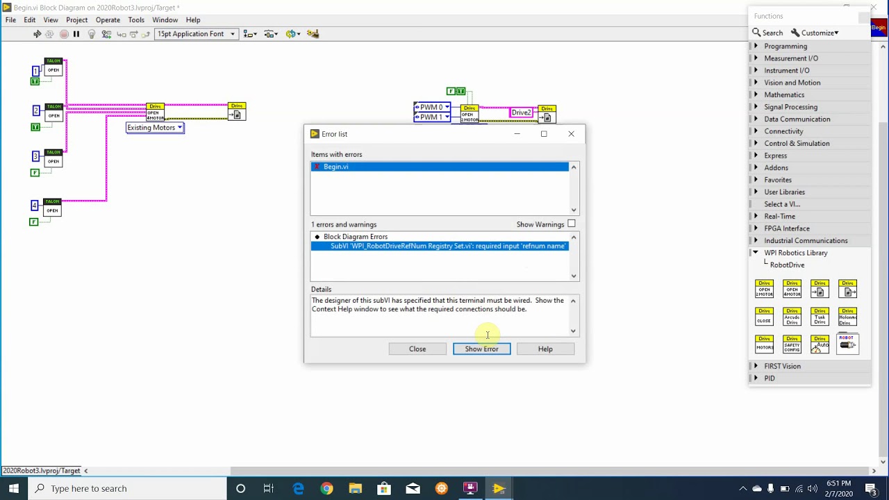 Programming Begin and Finish for 2020 LabVIEW FRC