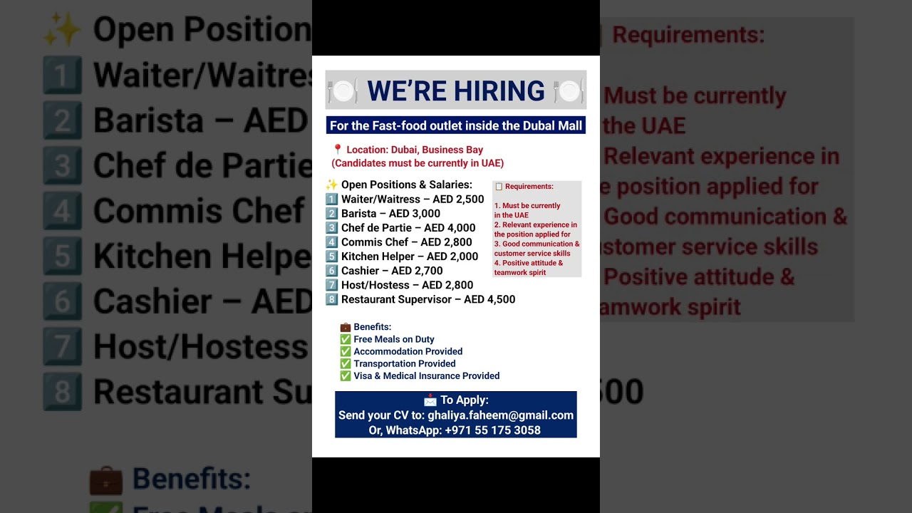 Latest restaurant jobs in Dubai #dubaijobs #uaejobs #jobsindubai #jobsinuae #shorts #jobsearch
