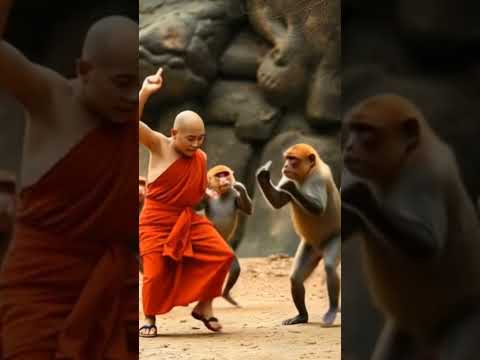 shaolin monk dances with monkeys to the beat