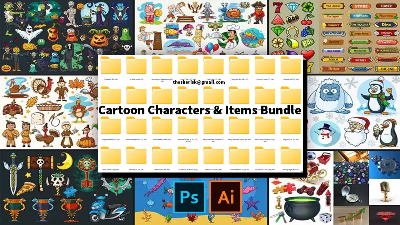 Cartoon Characters & Items Bundle Download In PNG AI EPS And PSD Files |Sheri Sk|