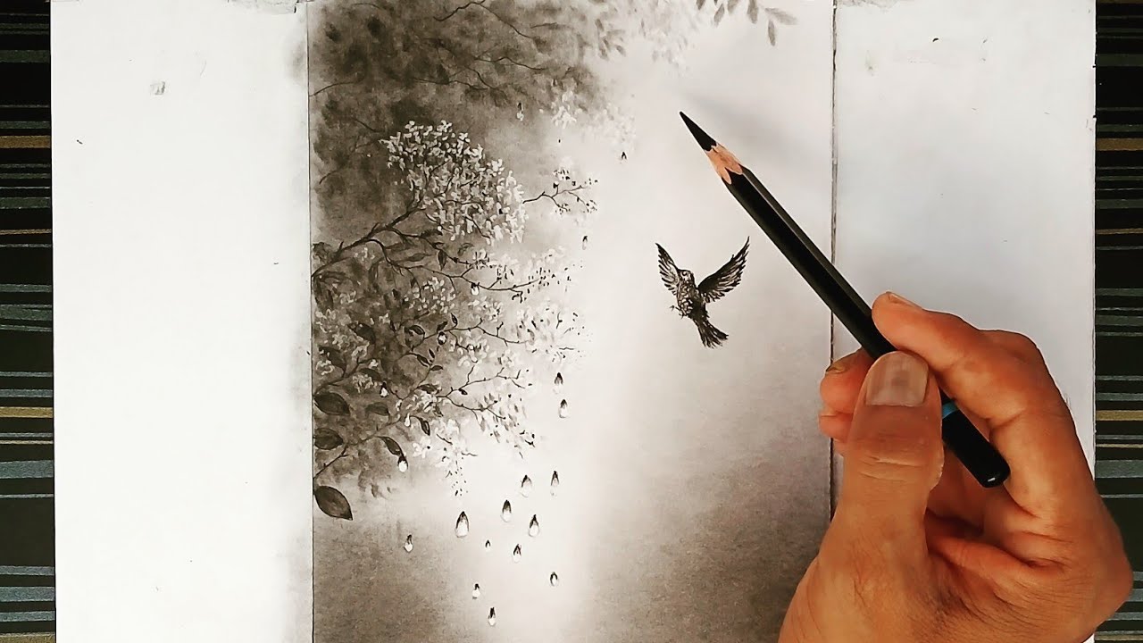 Beautiful nature image drawing with pencil step by step.
