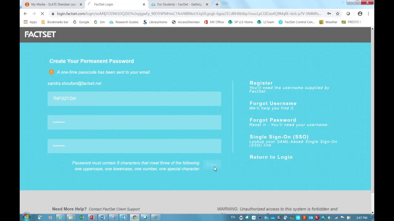 Logging into FactSet Web