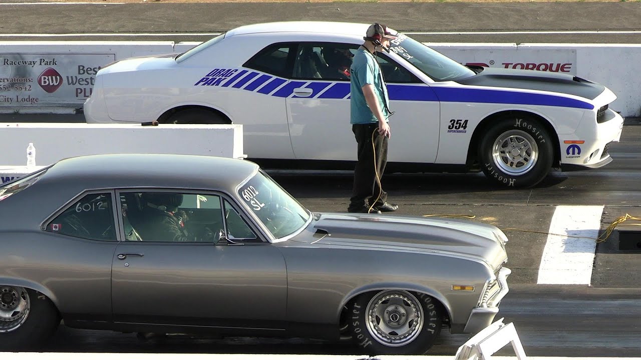 Chevy Nova vs Challenger Drag Pack and Hellcat - old vs new school drag racing