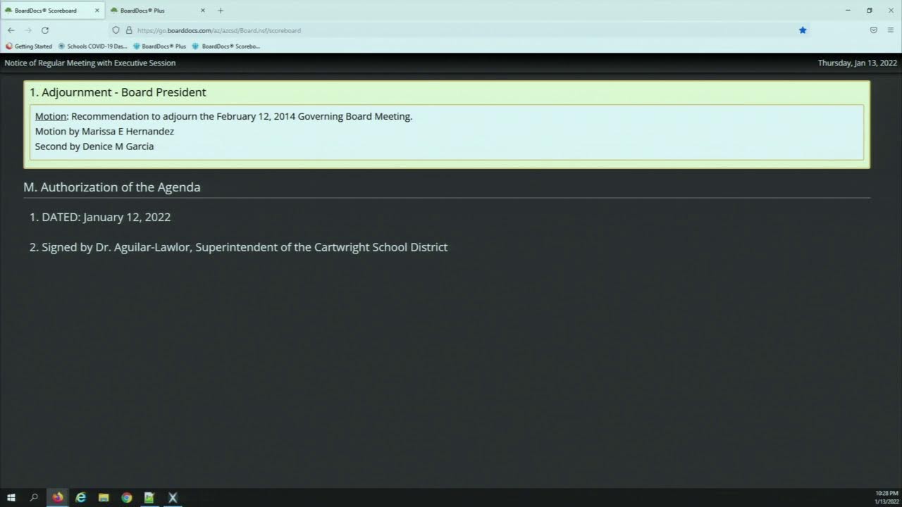 Cartwright Governing Board  Meeting Executive Session 1/13/22