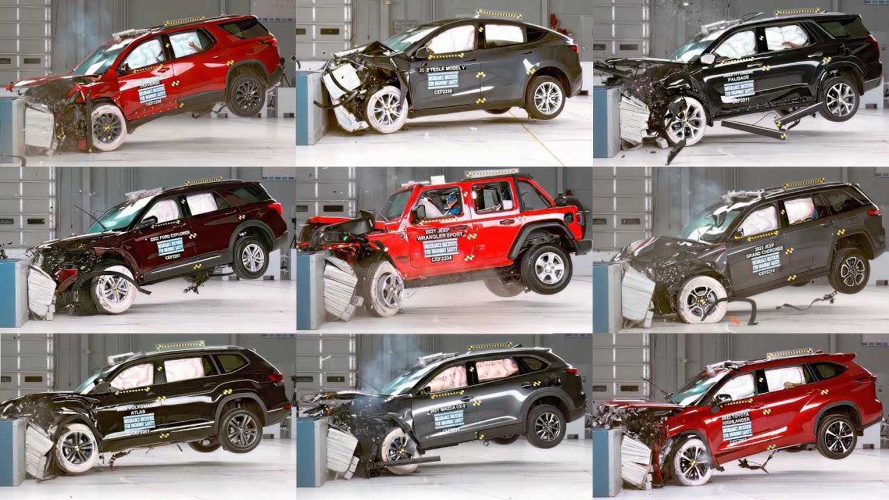 CAR CRASH TEST COMPILATION 10 Midsize SUV - Highlander, Traverse, Cherokee, Model Y, Explorer...