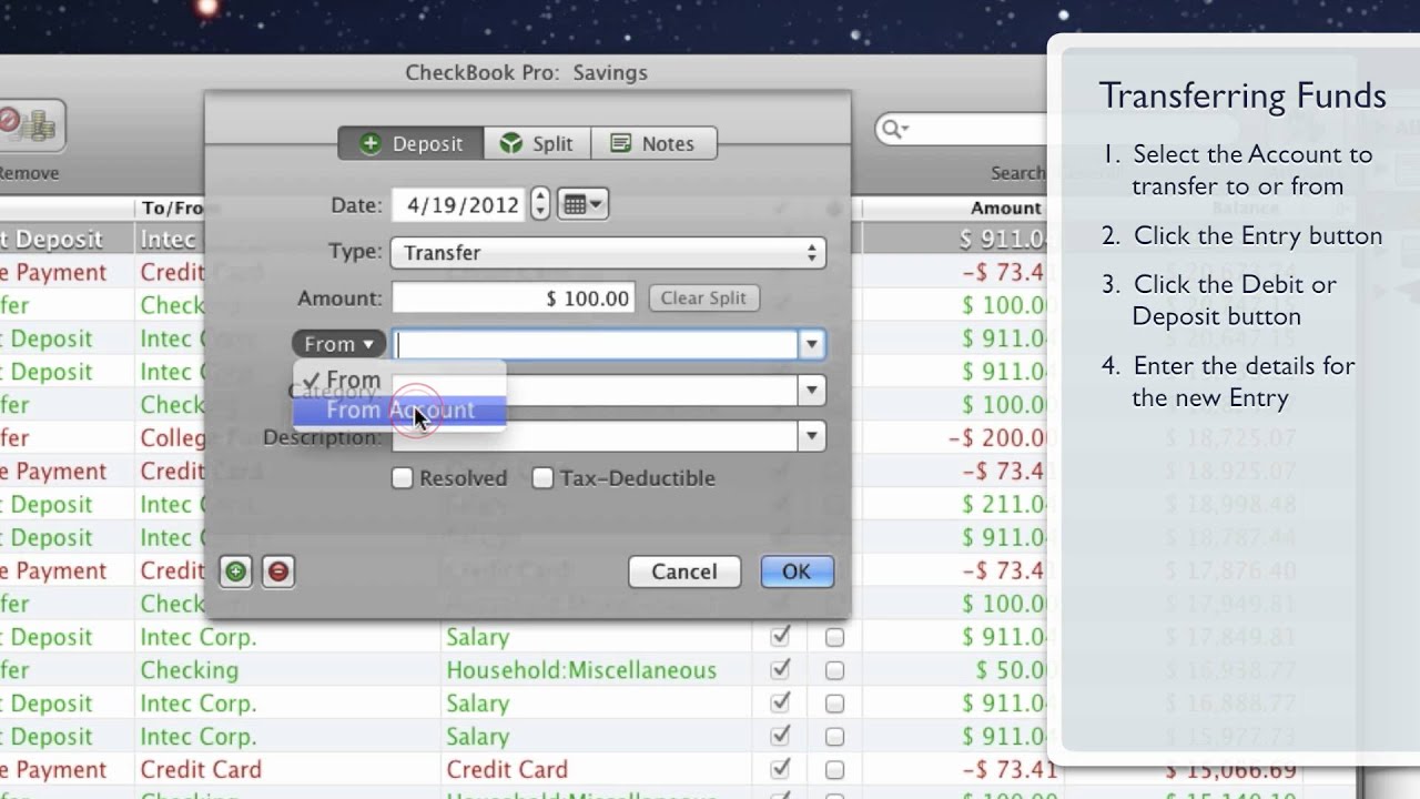 CheckBook Pro • Transferring funds between Accounts