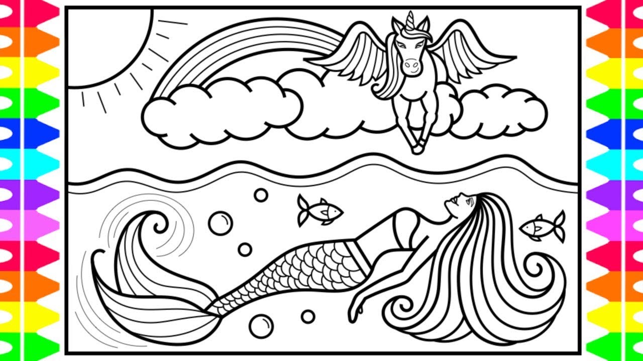 How to Draw a Mermaid and Unicorn for Kids 💜💚💛💗Mermaid and Unicorn Drawing and Coloring Pages