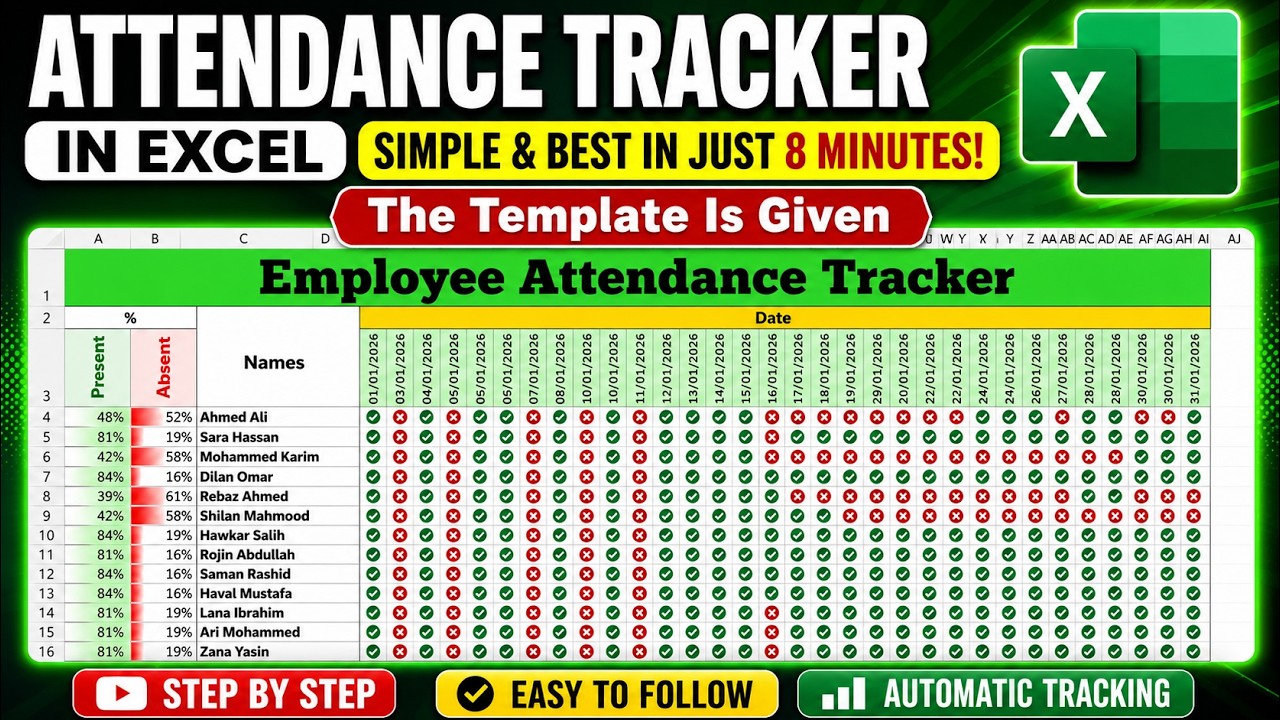 Attendance Tracker in Excel || Simple and best Attendance in just 8 minutes #Excel #exceltips