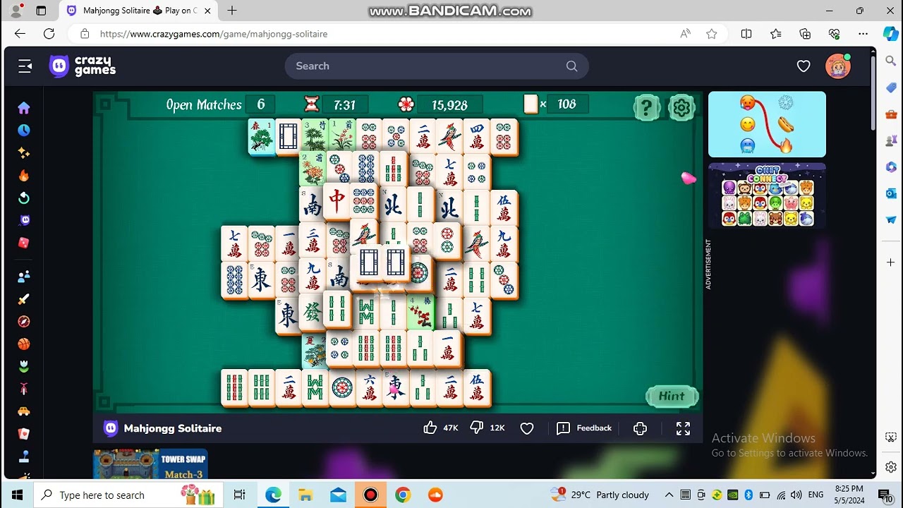 Playing Mahjong Solitare Crazygames(5/5/2024)