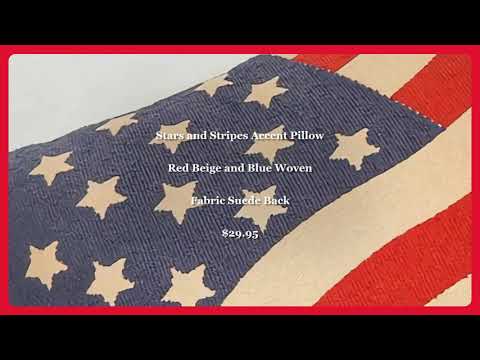 A Vintage Addiction - Stars and Stripes Accent Pillow Red Beige and Blue Woven Fabric Suede Back